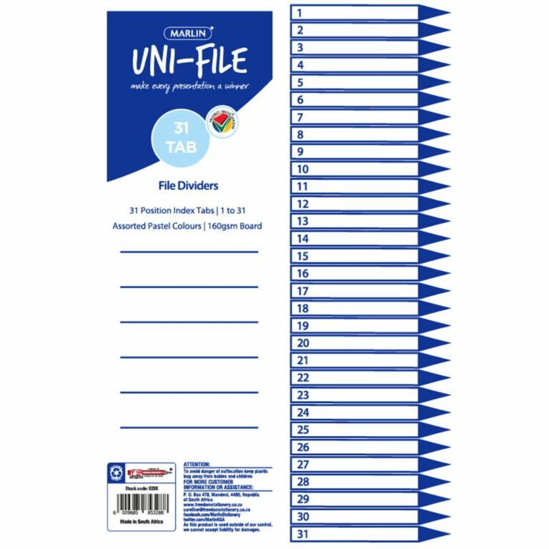 Marlin 31 Tab File Dividers Assorted Pastel Colours 160gsm Board ...